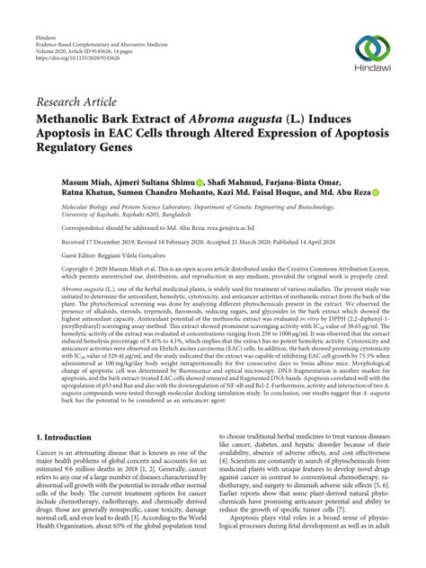 Pdf Methanolic Bark Extract Of Abroma Augusta L Induces Apoptosis In Eac Cells Through