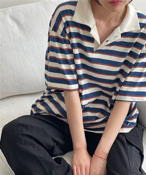 멜로퍼플 페퍼t 단가라 스트라이프 카라 럭비 배색 오버핏 루즈핏 반팔 티셔츠2col