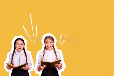 Composite Photo Collage Of Two Amazed Girls Classmates Read Textbook Literature Lesson