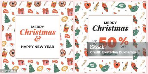 메리 크리스마스와 새해 복 많이 받으세요 인사말 카드 템플릿 및 특별 행사 트렌디하고 그루비한 스타일의 장난기 많고 건방진 캐릭터 벡터 일러스트 세트 12월에 대한 스톡