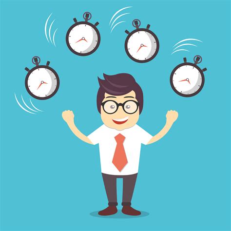 Smiling Cartoon Businessman Juggling With Alarm Clocks Symbolizing Time Management Download