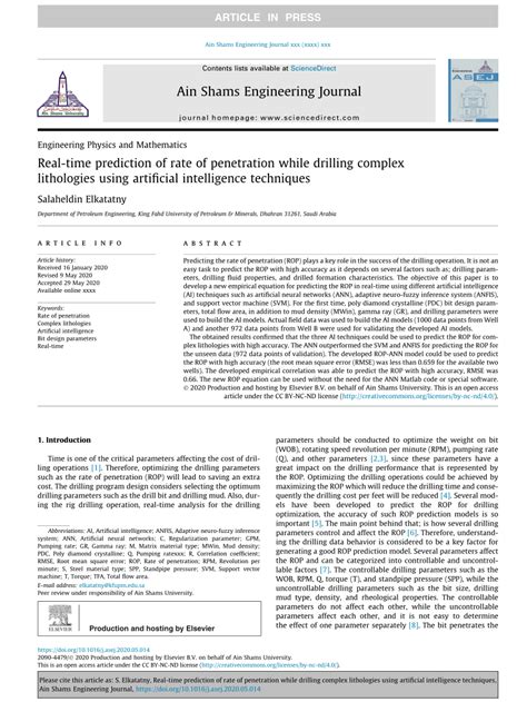 Pdf Real Time Prediction Of Rate Of Penetration While Drilling Complex Lithologies Using
