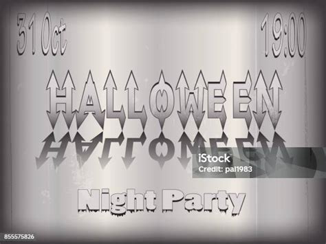 벡터는 복고 스타일에서 가로 흑백 포스터 고딕 비문 그림자와 함께 할로윈입니다 밤 파티입니다 프레임 빈티지 영화 초대 티켓 10월에 대한 스톡 벡터 아트 및 기타 이미지