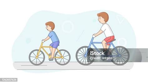 주말 시간 여가 아버지와 우정 개념 공원에서 자전거를 타는 사람들 아버지와 아들 또는 친구가 활동적인 라이프 스타일을 이끌고 있습니다 주말 활성 시간 만화 플랫 스타일 벡터