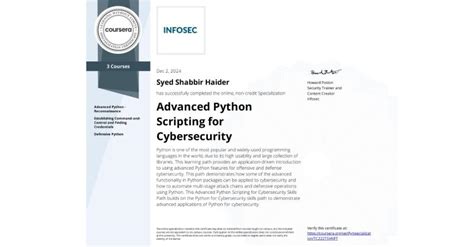 Completion Certificate For Advanced Python Scripting For Cybersecurity Syed Shabbir Haider