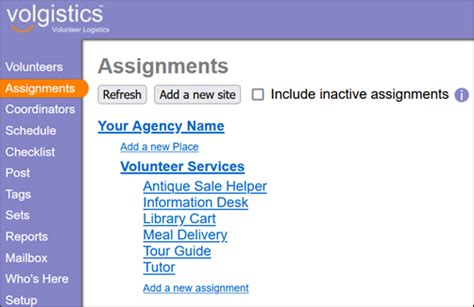 Assignments Sites And Places Overview Volgistics Help