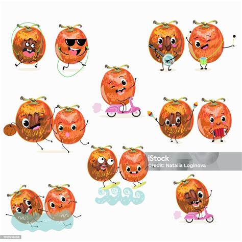 귀여운 만화 감 캐릭터 세트 컬렉션 평면 벡터 그림입니다 활동 악기 연주 스포츠 재미있는 과일 딸기 베리 감에 대한 스톡 벡터 아트 및 기타 이미지 Istock