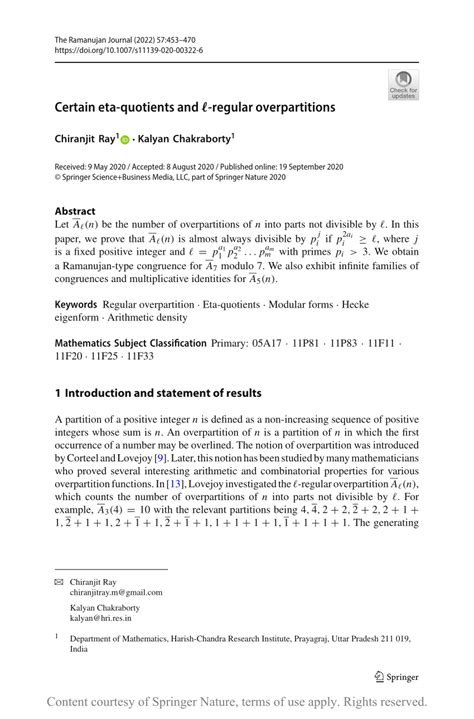 Certain Eta Quotients And Ell Regular Overpartitions Request Pdf
