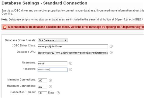 Mysql Bindexception As I Try To Define The Database Settings