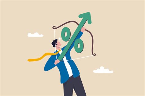 인플레이션 율 상승 연준 연방준비제도 또는 중앙은행 통화정책 경제 또는 대출 개념 사업가 양궁 비율 화살로 인한 금리 인상이 하늘로 치솟습니다 성장 개념에 대한 스톡 벡터