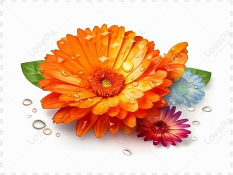 물 방울과 녹색 및 파랑 색상의 화려하고 주황색 꽃 Png 일러스트 무료 다운로드 Lovepik