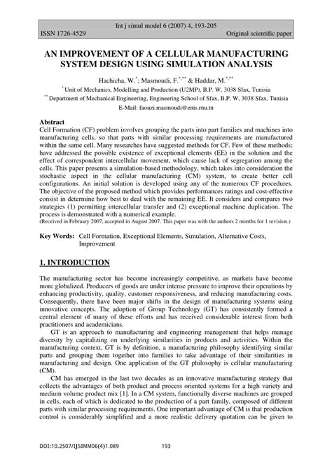 Pdf An Improvement Of A Cellular Manufacturing System Design Using Simulation Analysis