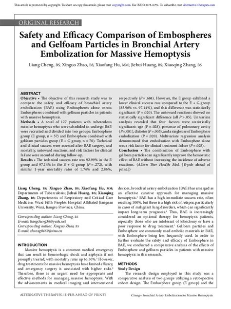 Safety And Efficacy Comparison Of Embospheres And Gelfoam Particles In Bronchial Artery