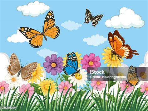 맑고 푸른 하늘 아래 형형색색의 꽃이 만발한 활기찬 정원 위를 밝은 나비가 날갯짓하며 자연의 아름다움을 보여줍니다 곤충에 대한 스톡 벡터 아트 및 기타 이미지 Istock