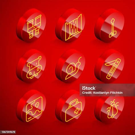 세트 라인 쌍안경 폭포 화살표 하마 또는 하마 달팽이 스위스 군대 칼 아프리카 사파리지도 및 응급 처치 키트 아이콘 벡터 3차원 형태에 대한 스톡 벡터 아트 및 기타 이미지