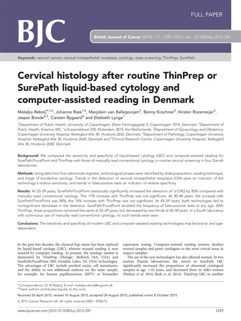 Pdf Cervical Histology After Routine Thinprep Or Surepath Liquid Based Cytology And Computer