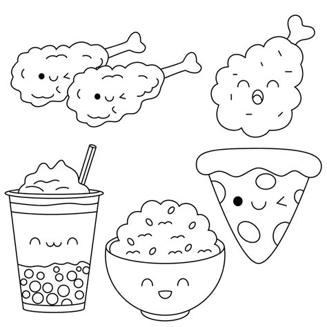 귀여운 카와이 프라이드 치킨 다리 피자 버블 우유 차 디저트 두들 컬러링 페이지 프리미엄 벡터