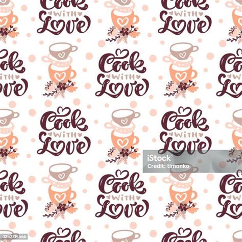 요리 도구와 서예 텍스트 와 원활한 패턴 사랑 쿡 꽃과 함께 집에서 만든 식사 준비를위한 부엌 기구와 배경 직물 인쇄 포장지를