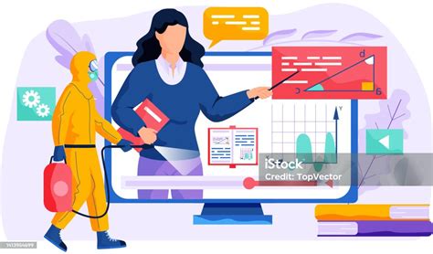 교사는 인터넷에서 학교에서 온라인 지오메트리 레슨 중에 응답합니다 화학 복장을 입은 남자 교사 교육 관련 직업에 대한 스톡 벡터 아트 및 기타 이미지 교사 교육 관련