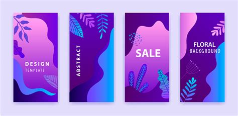 추상적 인 배경의 벡터 세트 소셜 그물에 대한 이야기 꽃 물결 모양의 판매 배너 보라색 그라데이션 밝은 활기찬 포스터 커버