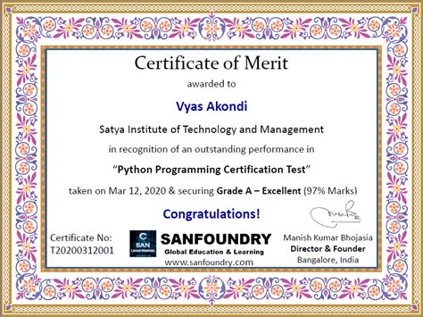 Sanfoundry This Is To Confirm That Vyas Akondi Has Been Awarded