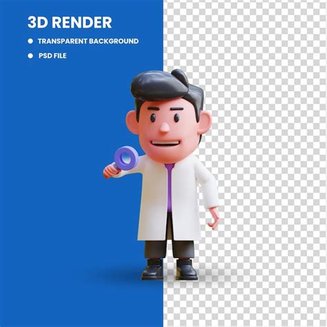 돋보기로 무언가를 찾고 있는 귀여운 과학자 캐릭터 그림의 3d 렌더링 프리미엄 Psd 파일
