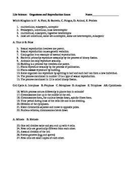 Reproduction Sexual And Asexual Exam Test Quiz By Scienceedu TPT