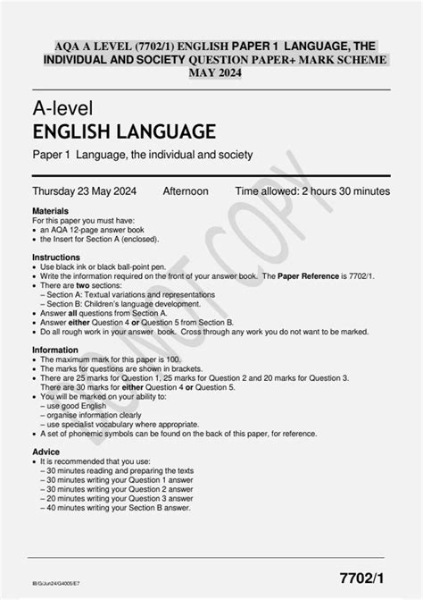 Aqa A Level 7702 1 English Language Paper 1 Language The Individual