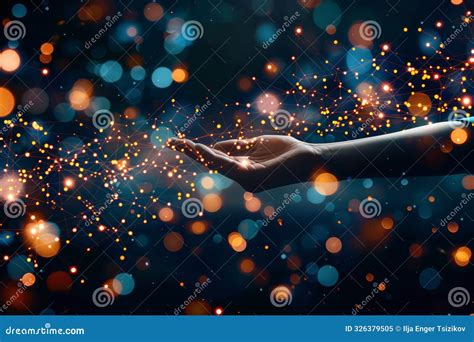 Human And Robotic Hands Reaching Across Glowing Data Streams In Digital Network Connection Stock