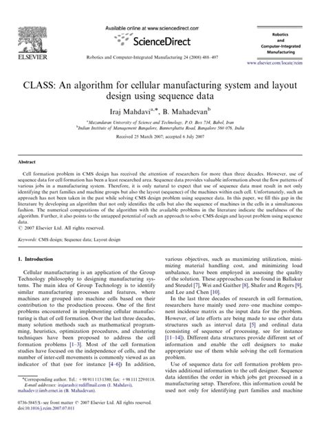 Class An Algorithm For Cellular Manufacturing System And Layout