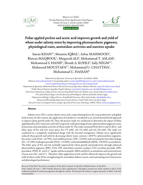 Pdf Foliar Applied Proline And Acetic Acid Improves Growth And Yield