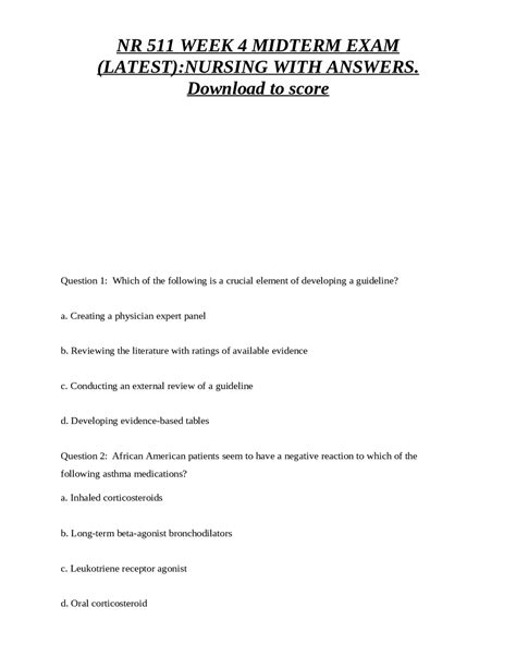 Nr 511 Week 4 Midterm Exam Latest Nursing With Answers Download To Score Exams Nursing