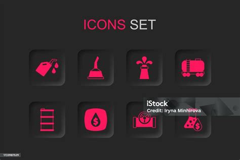 달러 기호가 있는 오일 드롭 모터 기계 오일용 캐니스터 파이프 밸브 철도 저수조 휘발유 시험관 장비 및 배럴 아이콘을 설정합니다