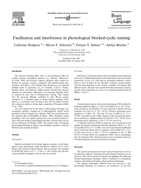 Pdf Facilitation And Interference In Phonological Blocked Cyclic Naming