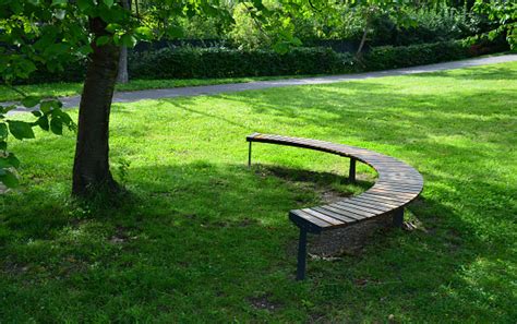 갈색 나무 판자와 나무 패널 아치의 모양의 원형 벤치 가을 공원이나 정원의 휴식 공간에 노란 잎이 놓여 있습니다 0명에 대한 스톡 사진 및 기타 이미지 Istock