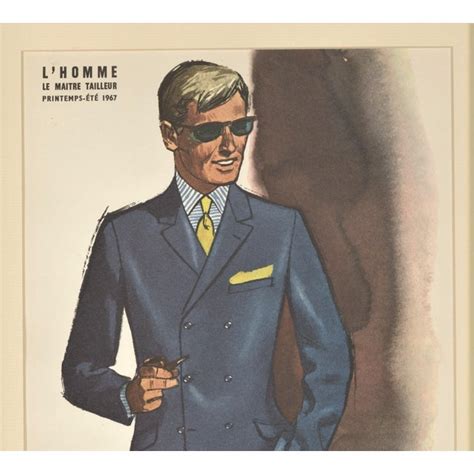 1967 Mid Century French Mens Tailoring Fashion Lithograph Matted