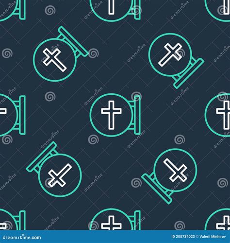 Line Christian Cross Icon Isolated Seamless Pattern On Black Background Church Cross Stock