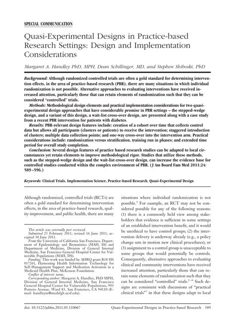 Pdf Quasi Experimental Designs In Practice Based Research Settings