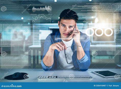 Thinking Programmer And Man In Office Night And Overlay Of Interface Keyboard And Software