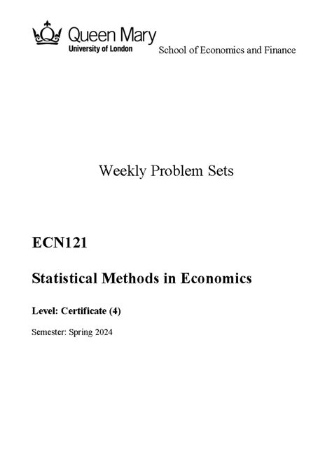 Problem Set Stats School Of Economics And Finance Weekly Problem Sets ECN Statistical