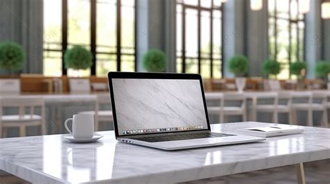 대리석 흰색 테이블 위에 노트북 컴퓨터 흉내를 낸 3d 렌더링 배경에는 흐릿한 도서관 공간이 있습니다 간이 배경 대리 배경 노트북실 배경 이미지 Hd 간이 대리