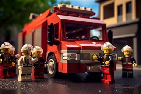 Premium Ai Image Lego Fire Truck With Four Firemen Standing In Front Of It Generative Ai