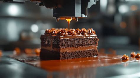 A 3d Food Printer Creating A Chocolate Cake Its Nozzle Precisely Depositing Chocolate On Layer