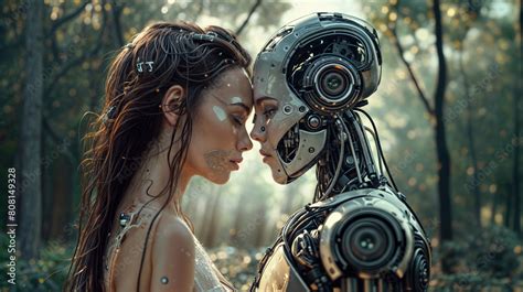 Intimate Moment Between A Woman And A Humanoid Robot In A Forest Stock Illustration Adobe Stock