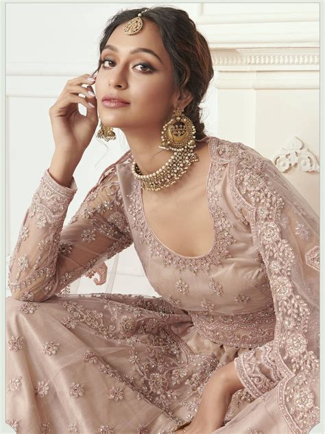 buy dusty pink heavy thread coding work net bridal lehenga choli online