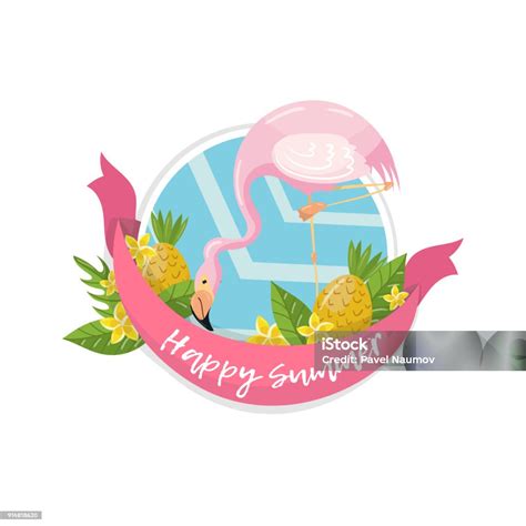 행복 한 여름 레이블 손바닥으로 디자인 요소 나뭇잎 꽃 파인애플 플라밍고 벡터 일러스트 레이 션 과일에 대한 스톡 벡터 아트 및 기타 이미지 Istock