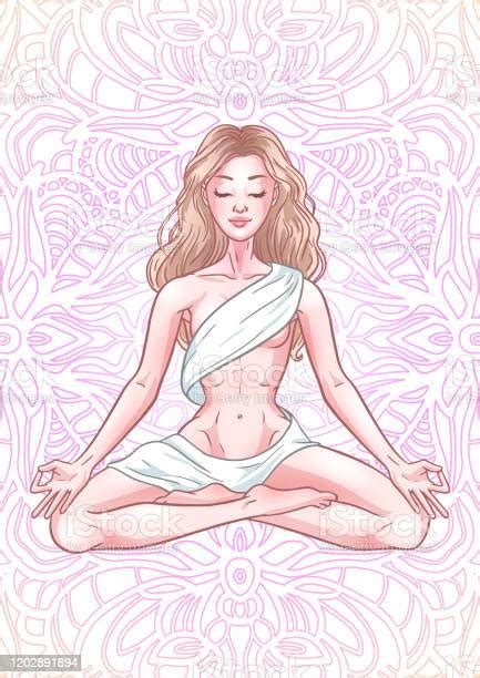 젊은 명상 요기 여자 에 연꽃 포즈 에 만다라 배경 벡터 일러스트레이션 건강한 생활방식에 대한 스톡 벡터 아트 및 기타 이미지