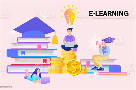 웨비나 및 온라인 교육 거리 학습 녹화 된 수업 비디오 자습서 은유 온라인 교육 가정 교육 원격 대학 졸업 E러닝 및 팟캐스트 벡터 플랫 Book Release에 대한 스톡