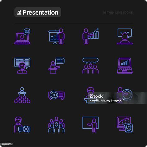 프레 젠 테이 션 선 아이콘 세트 세미나 인간 트리뷴 회의 프로젝터 관객 비디오 전화 회의 토론 현대 벡터 일러스트 블랙 테마에 대 한입니다 가정의 방에 대한 스톡 벡터