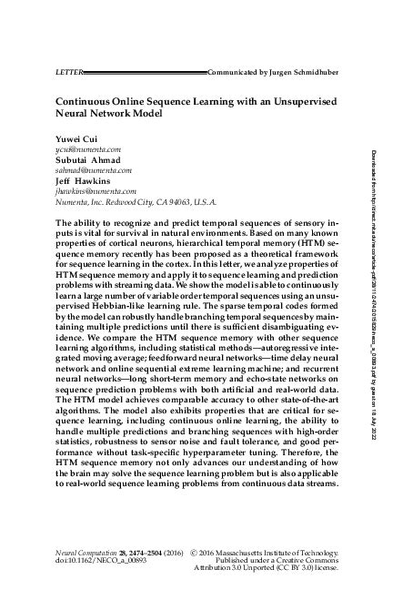 Pdf Continuous Online Sequence Learning With An Unsupervised Neural